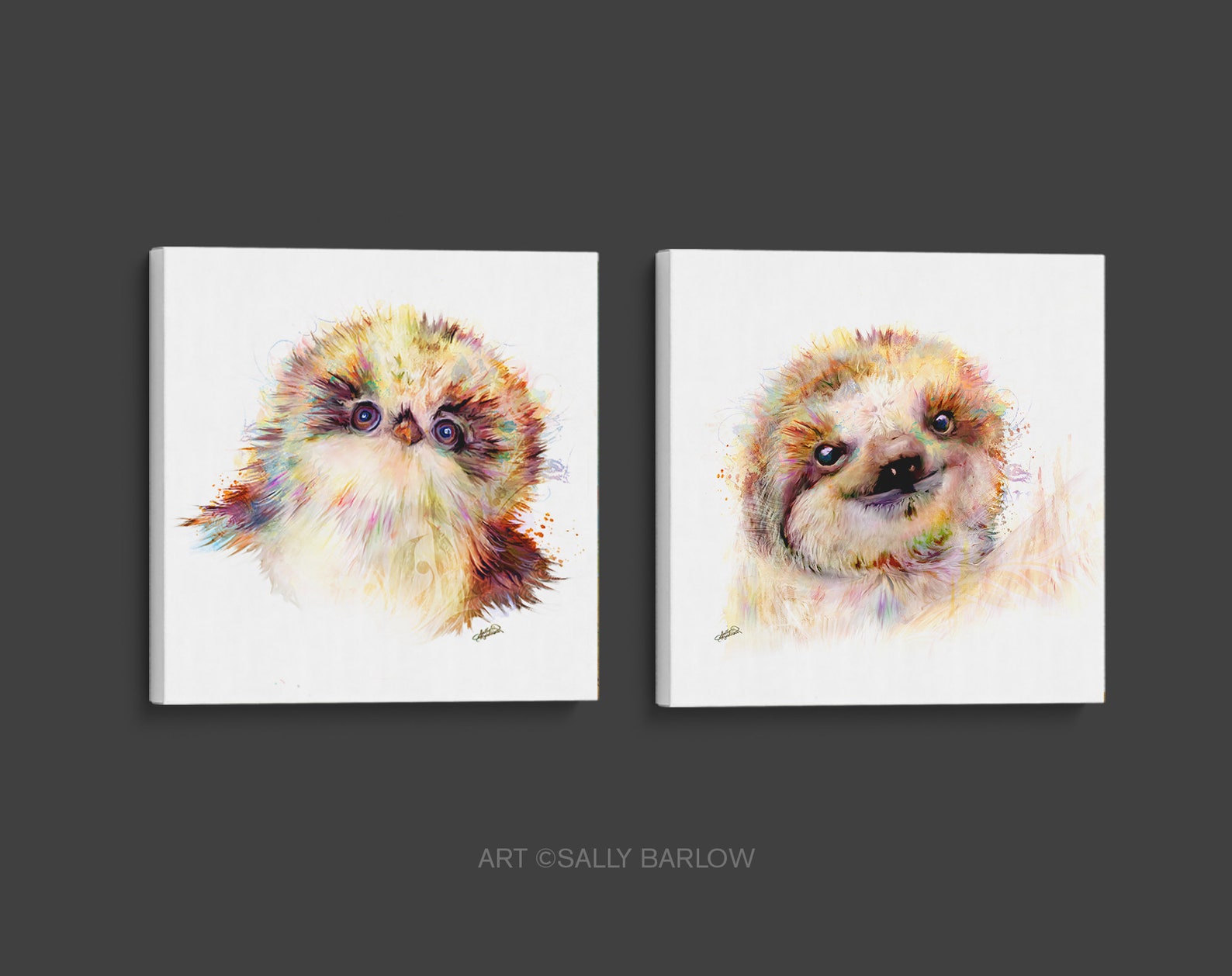 Adorable Baby Owlet & Sloth Painting Mixed Media Canvas | Etsy