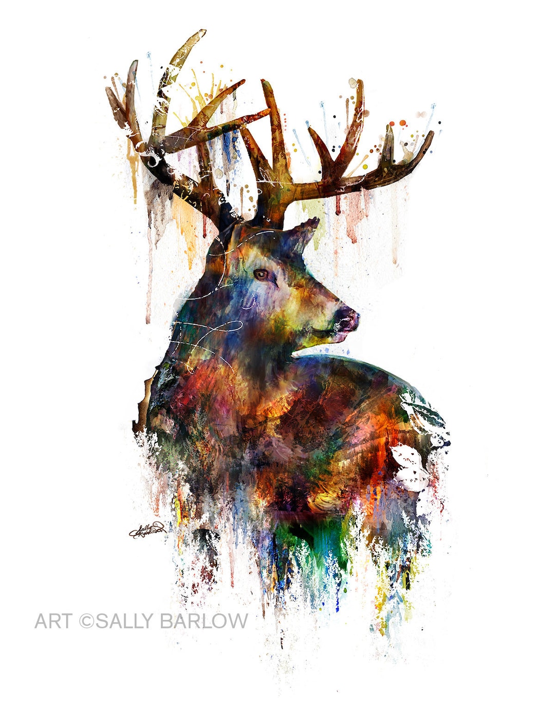 Deer Stag Mixed Media Watercolor Painting Double Exposure Landscape ...