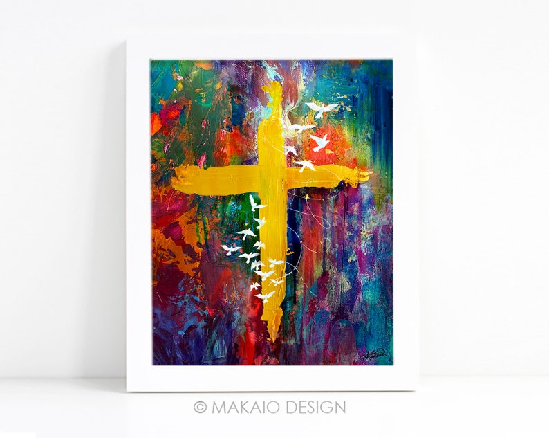 Abstract Cross Wall Art, Colorful Christian Decor, Mixed Media Faith ...