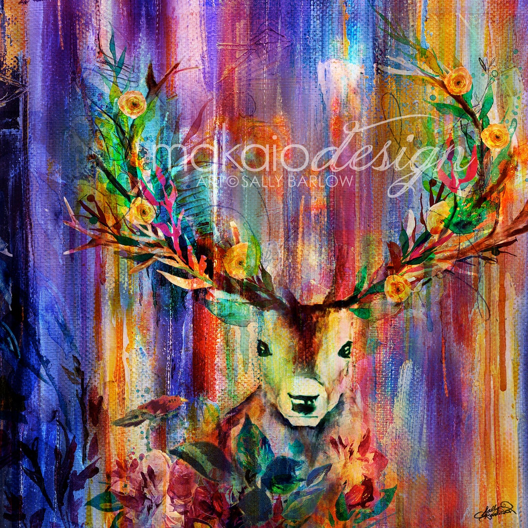 Bright Colorful Deer and Flower Painting Watercolor Background Mixed ...