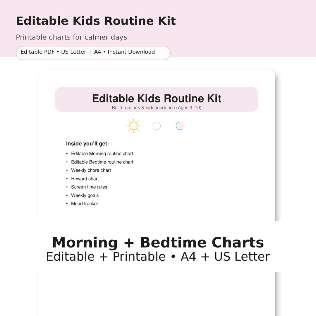 Editable Morning and Bedtime Routine Charts for Kids | Fillable PDF ...