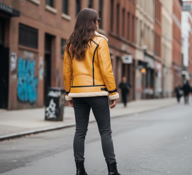 Vintage Yellow Sheep Leather Bomber Jacket – Shearling Aviator Coat - Etsy