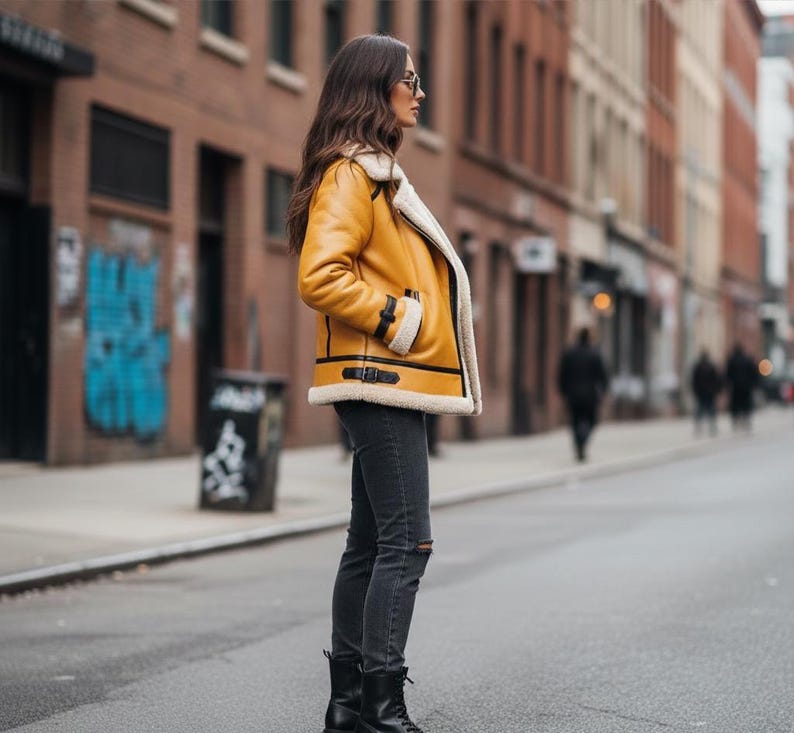 Vintage Yellow Sheep Leather Bomber Jacket – Shearling Aviator Coat - Etsy