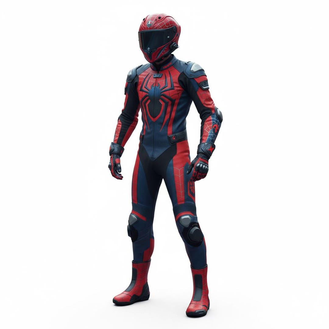 Spider Motorcycle Suit: Red & Blue Armored Leather Racing Gear for ...