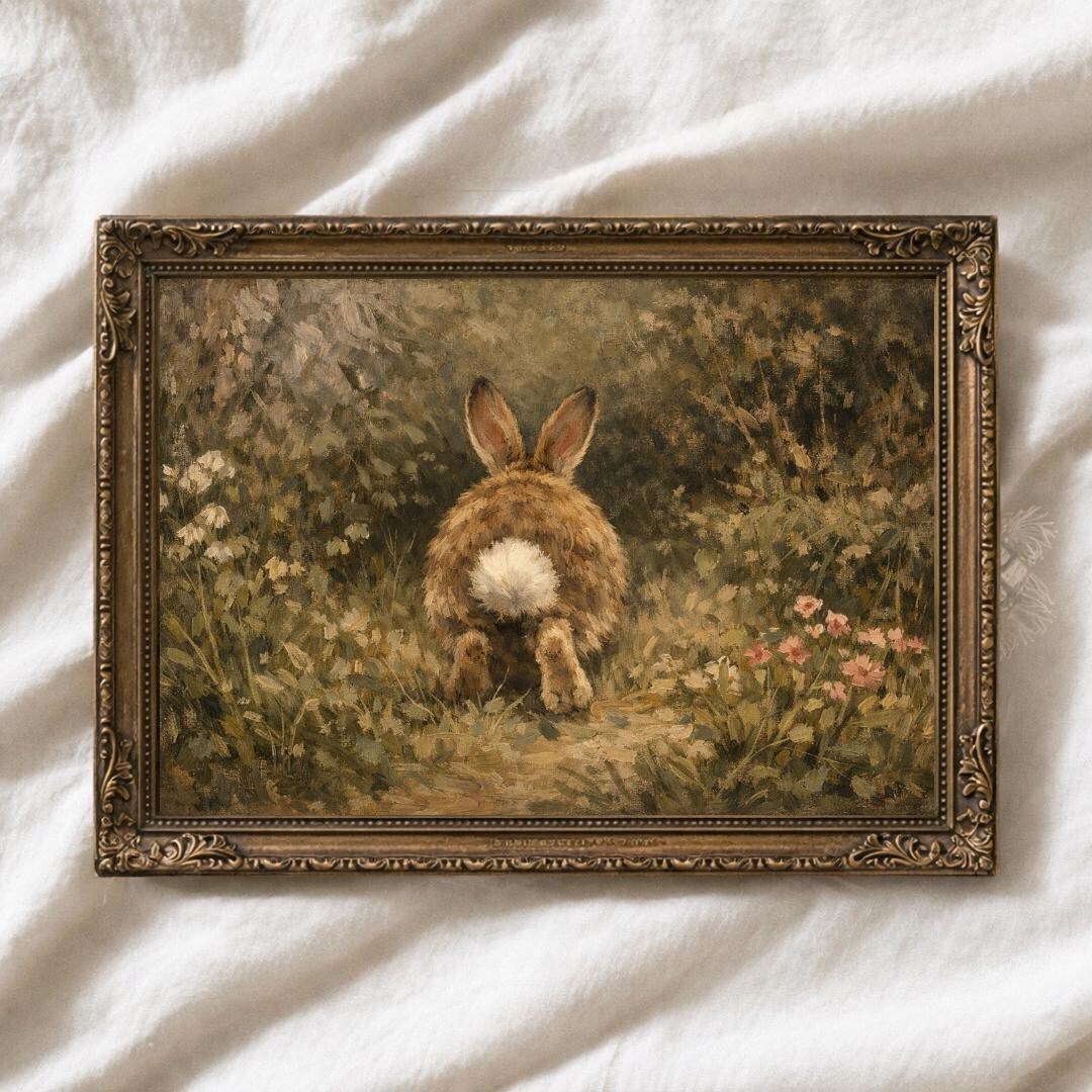 Vintage Bunny Painting, Cottagecore Rabbit Wall Art, Antique Style ...