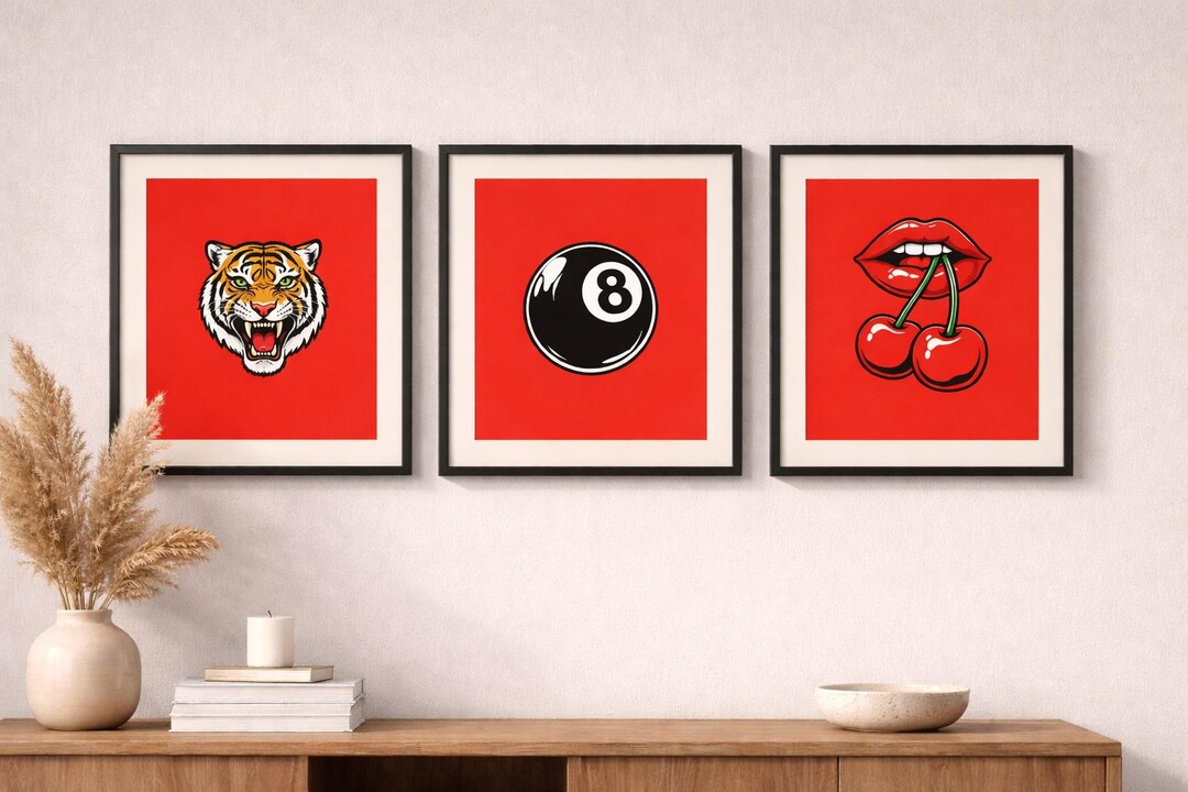 Edgy Pop Art Printable Wall Art | Tiger, 8 Ball & Cherries | Red ...