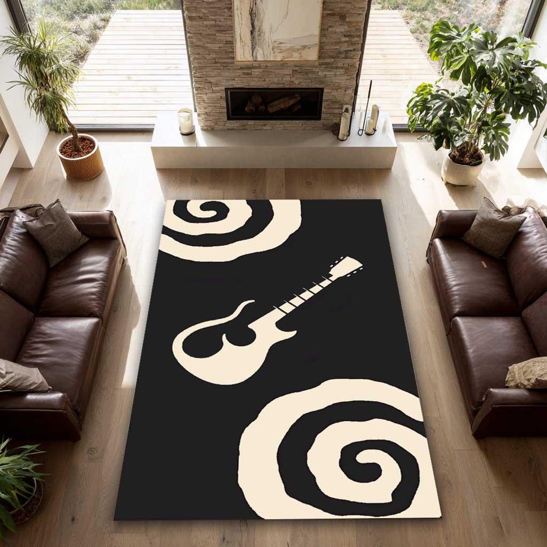 Rock Music Guitar Rug, Black and White Abstract Instrument Carpet ...