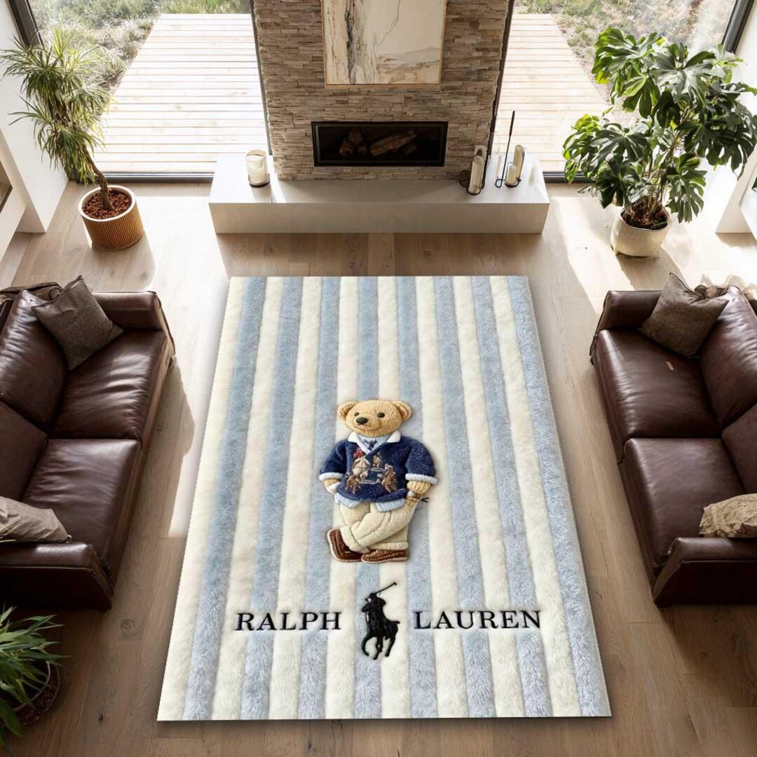 Polo Bear Rug, Preppy Teddy Bear Rug, Blue and White Striped Nursery ...