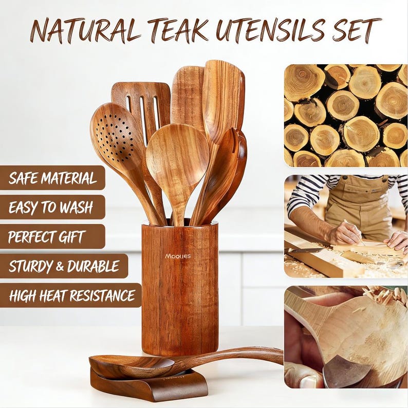 Natural Teak Wood Kitchen Utensil Sets With Holder, Customizable ...