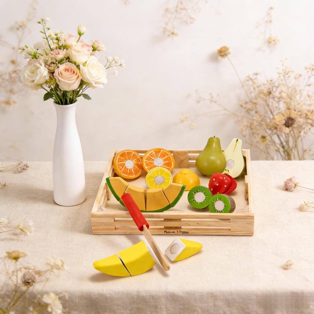 Wooden Cutting Fruit Toy Set for Kids, Pretend Play Kitchen Food With ...
