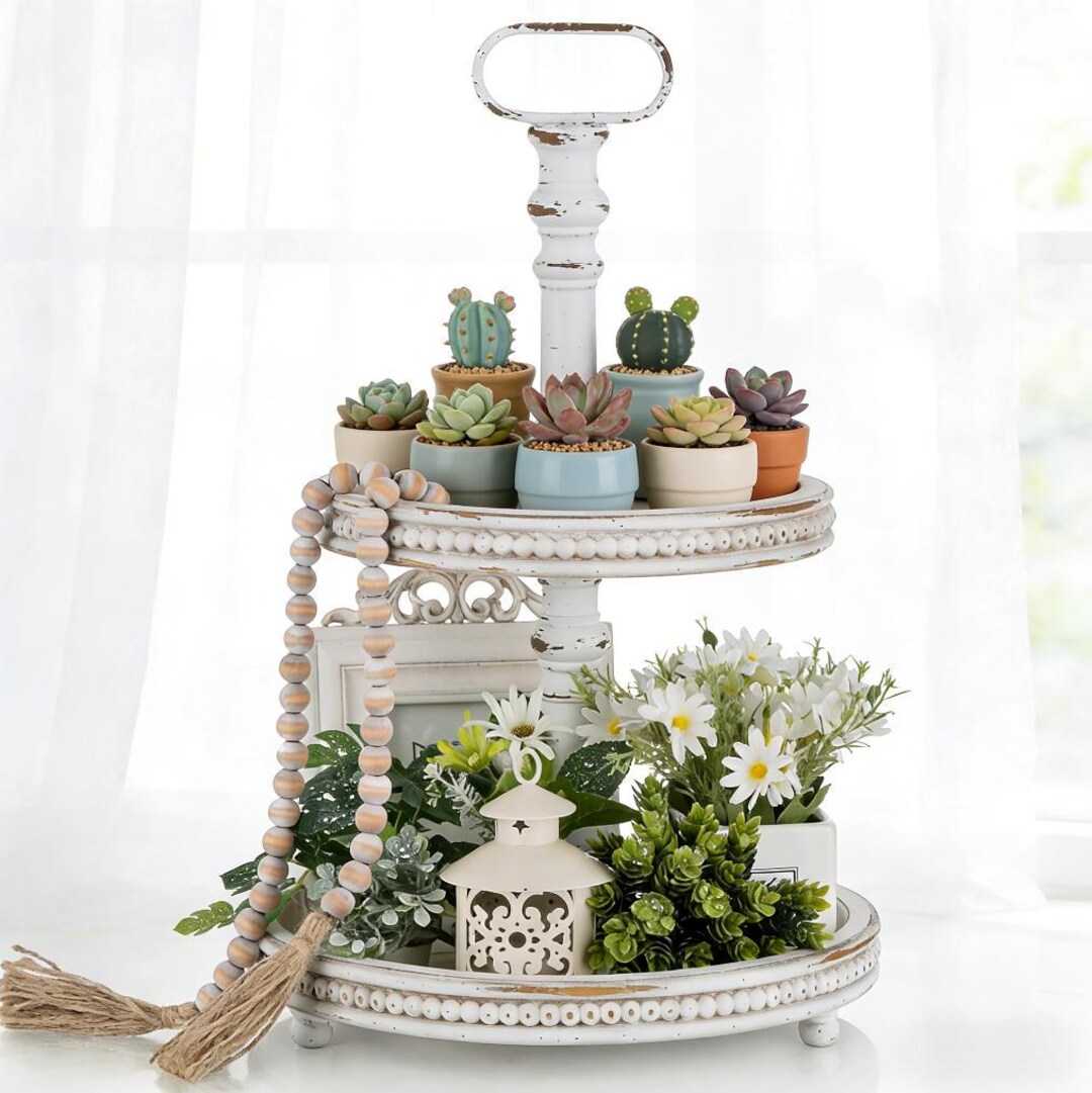Two Tier Round Tray Stand, Vintage Farmhouse Coffee Table Decor Display ...