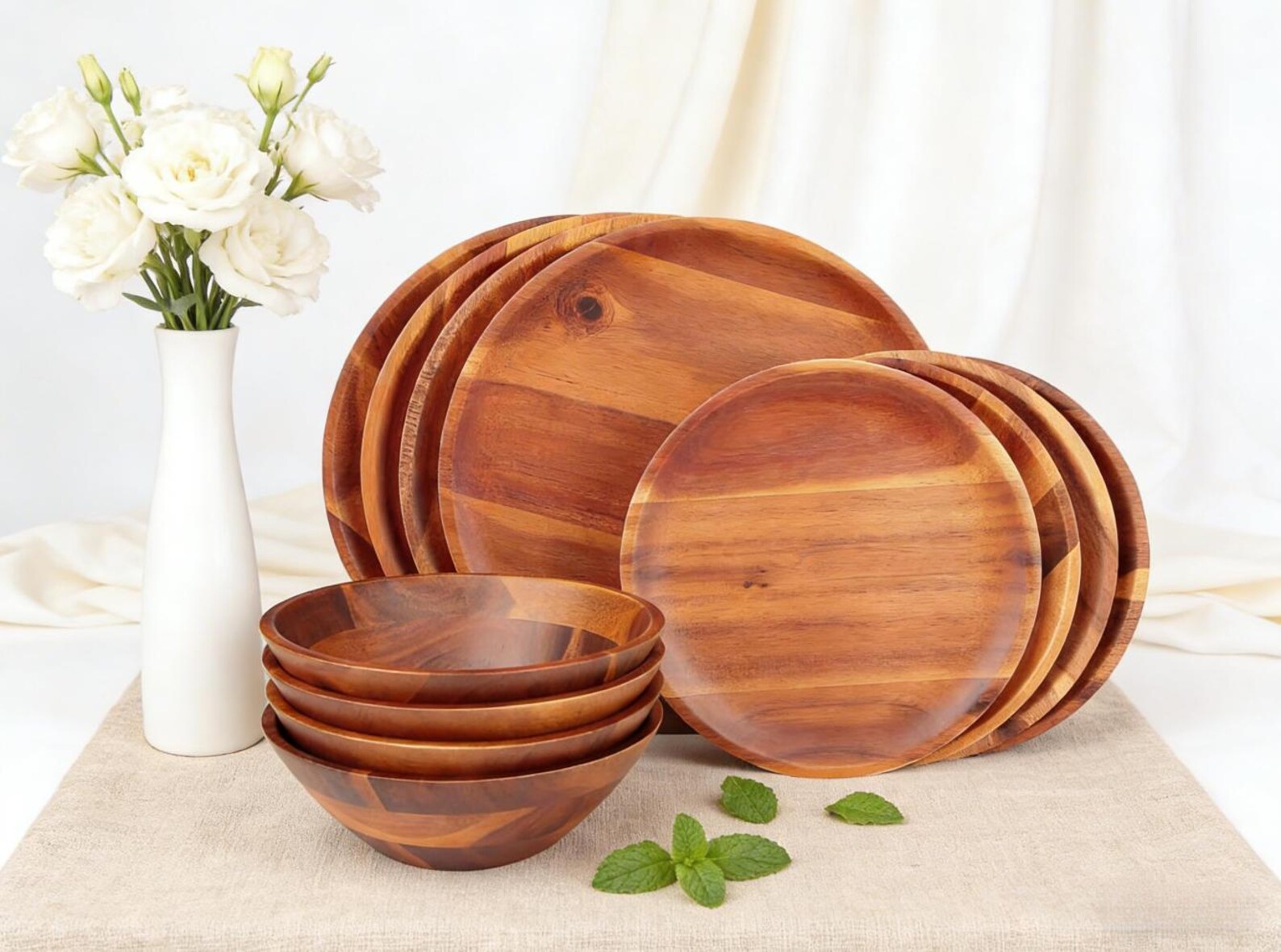 12-piece Acacia Wood Dinnerware Set for 4, Wooden Plates and Bowls Set ...