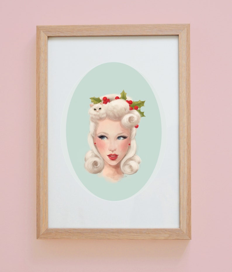 Christmas Vintage Pinup Girl Holly. Cat lover Art Print | Etsy
