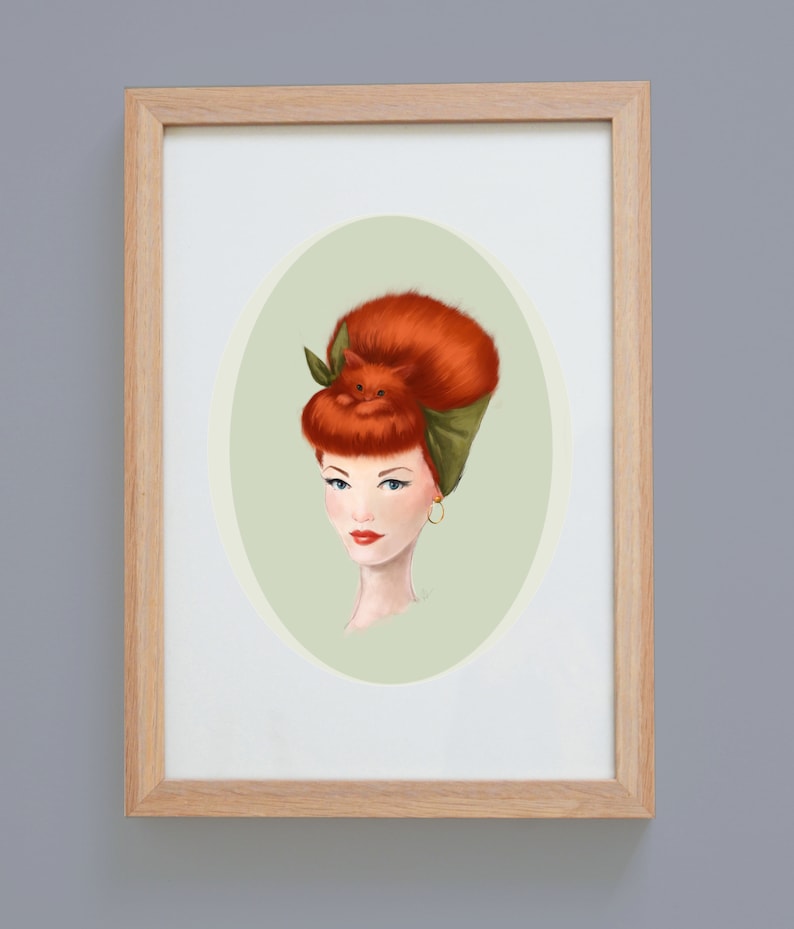 Vintage Pinup Girl Art Print. Cat lover red head Kitten Club | Etsy