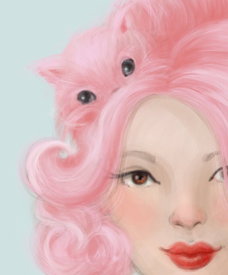 Pink Vintage Pinup Girl Cat Lover Wall Art. Vintage Girls With - Etsy