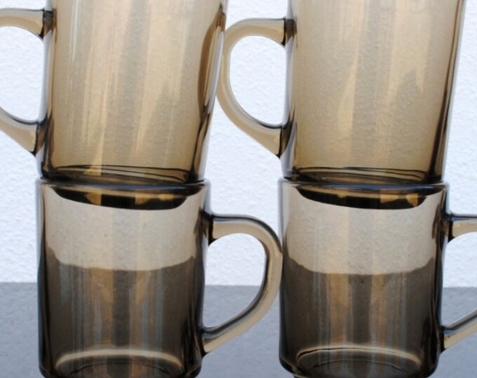 Smoke Brown Glass Mugs Vintage Arcoroc France Coffee Cup Set Loft Style 1970s Glassware Four