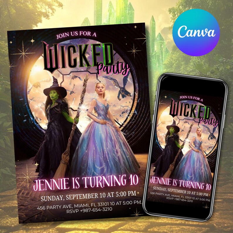 Wicked Birthday Invitation, Elphaba & Glinda Theme, Canva Template ...