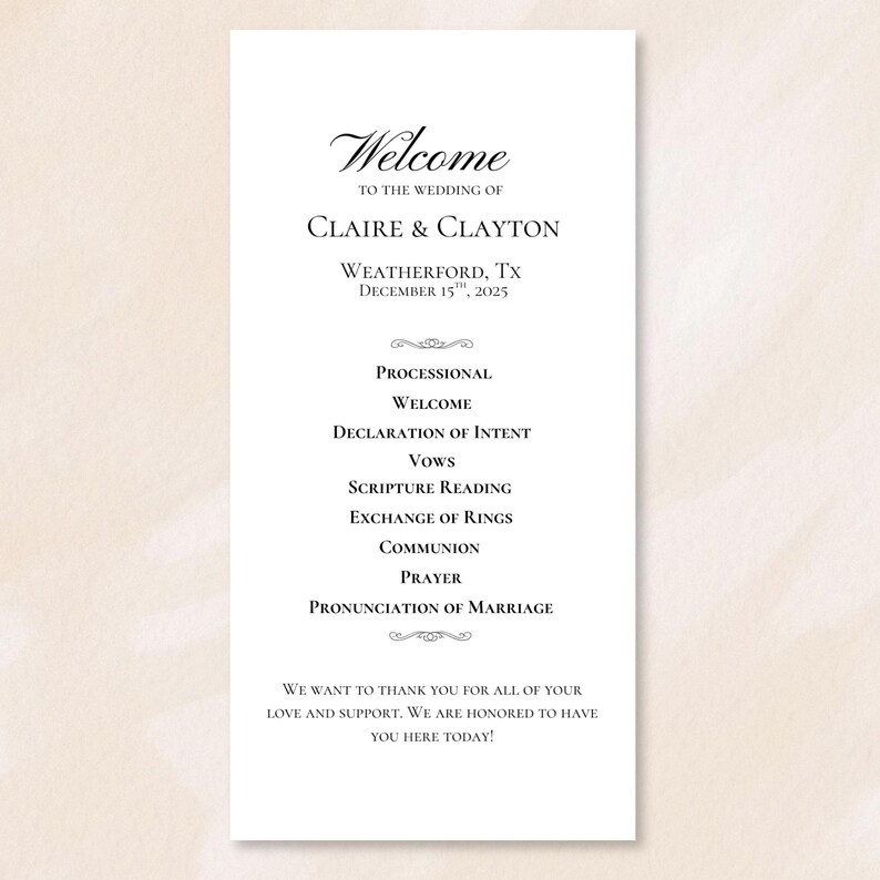 Classic Wedding Program Template, Elegant Design (4x8, Editable) - Etsy