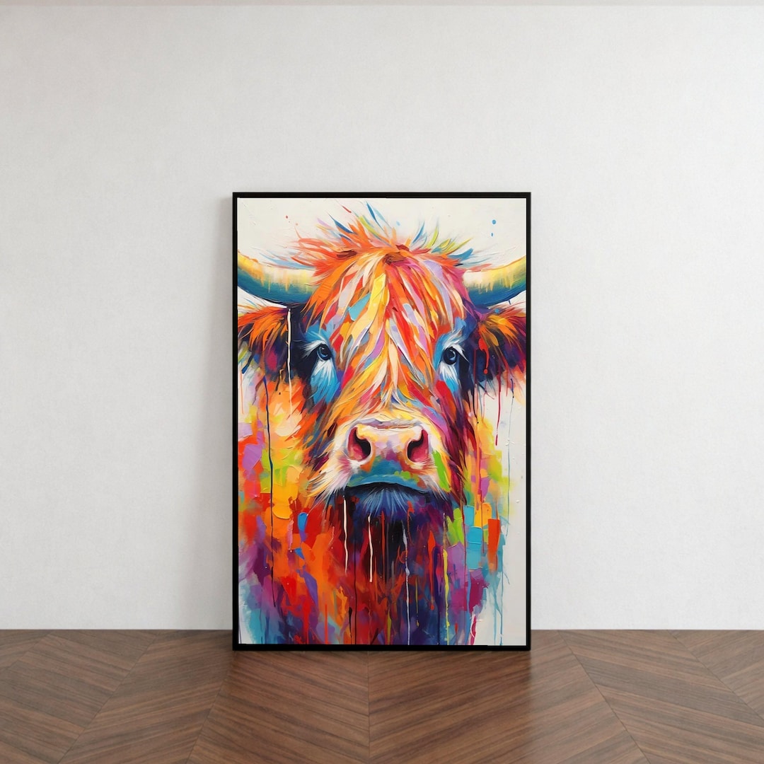 Vibrant Highland Cow Canvas Wall Art, Colorful Animal Portrait ...