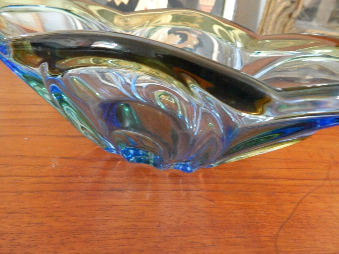 Vintage Murano Glass Bowl Mid Century Hand Blown Heavy Blue Green ...