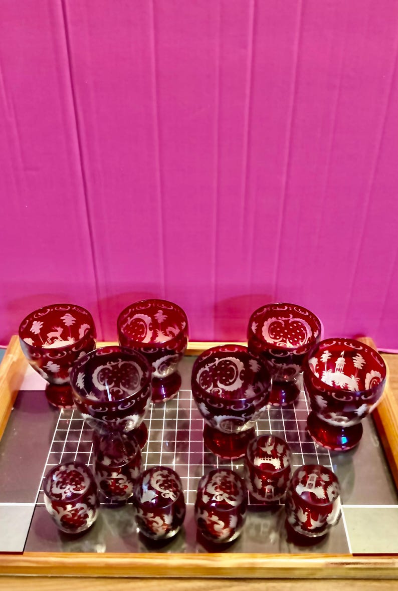 Bohemian Art Glass - Ruby Red Cut to Clear - Set of 12 - 6 Shot and 6 ...