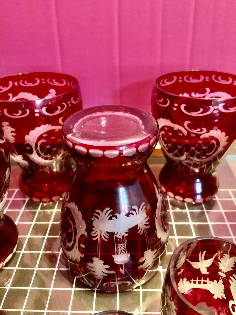Bohemian Art Glass - Ruby Red Cut to Clear - Set of 12 - 6 Shot and 6 ...