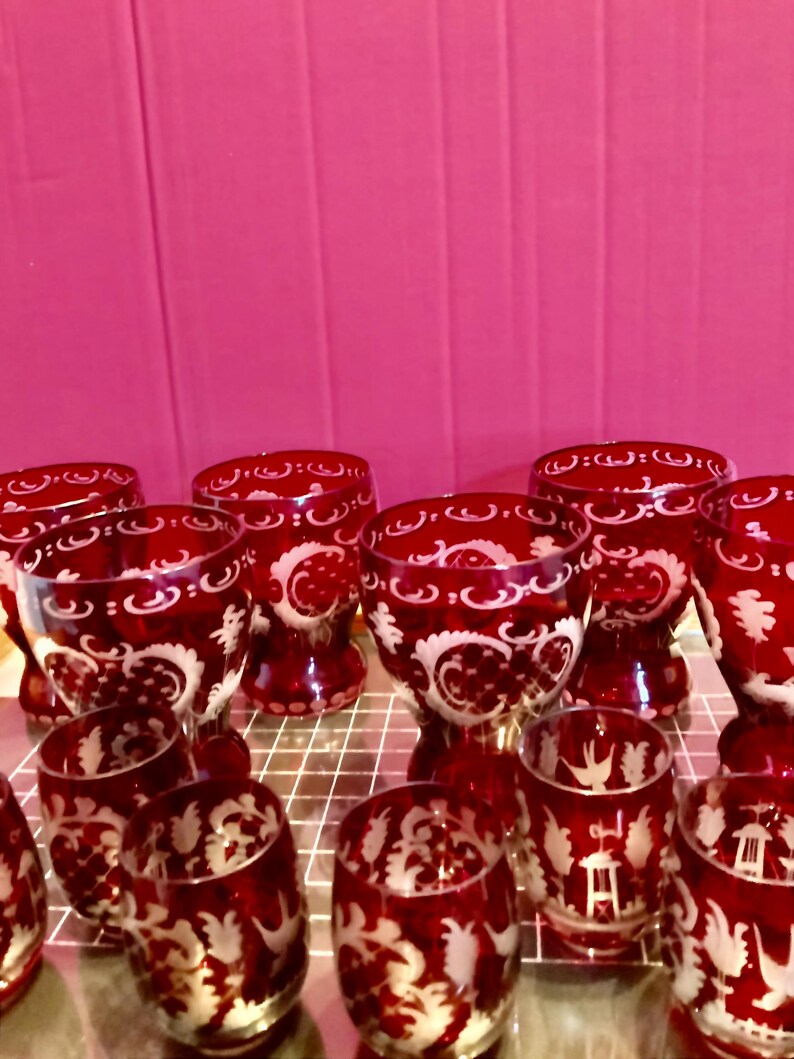 Bohemian Art Glass - Ruby Red Cut to Clear - Set of 12 - 6 Shot and 6 ...