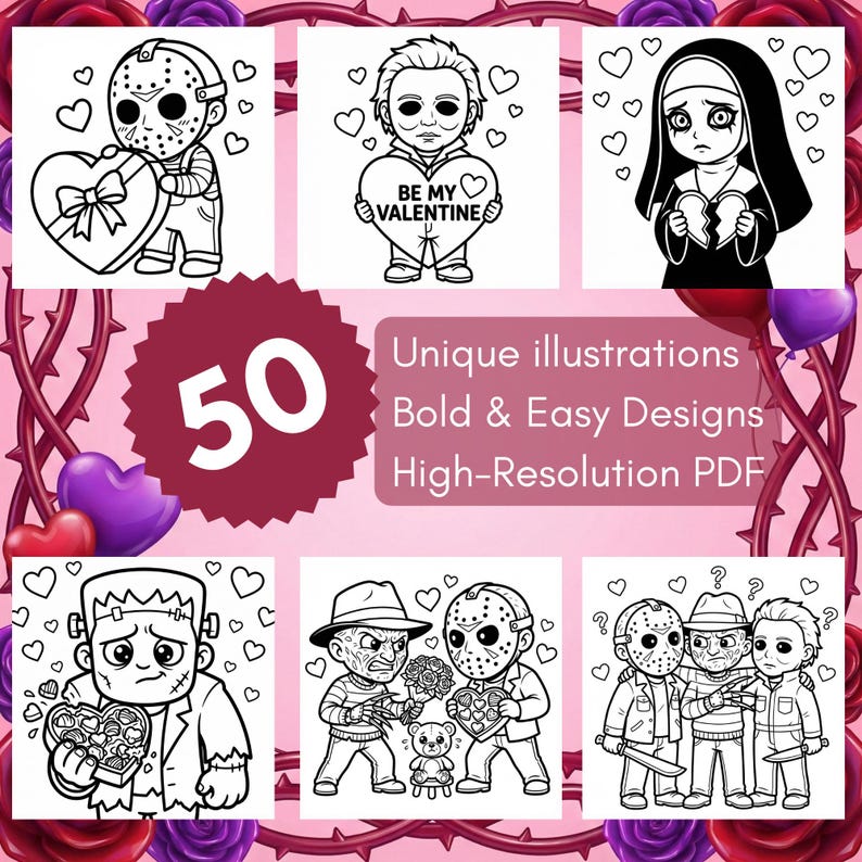 Cute Serial Killers Valentines Coloring Book for Adults, Creepy Kawaii ...