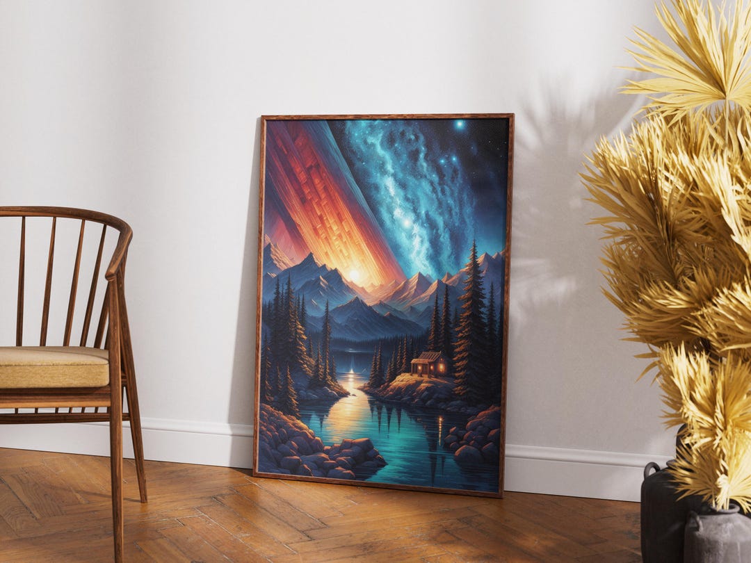 Cosmic Mountain Landscape Wall Art | Night Sky Cabin Illustration ...