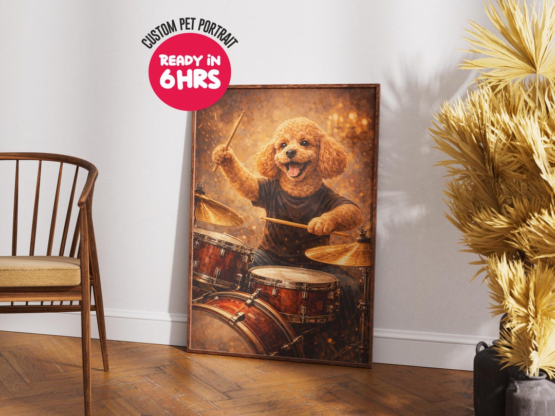 Custom Drummer Dog Portrait | Personalized Rock Music Pet Wall Art ...