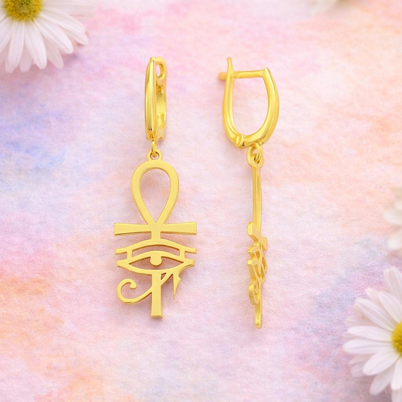 Gold Ankh Eye of Horus Earrings, Sun Protection Jewelry, Dainty ...