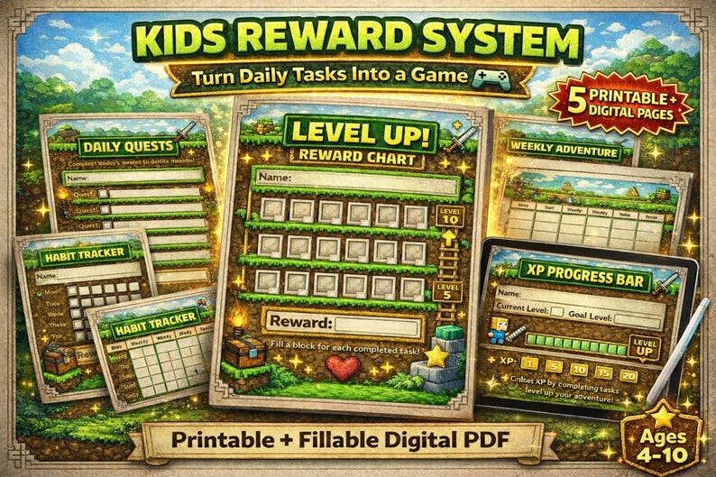Kids Gamified Reward Chart, Daily Quests, Habit Tracker (printable PDF ...