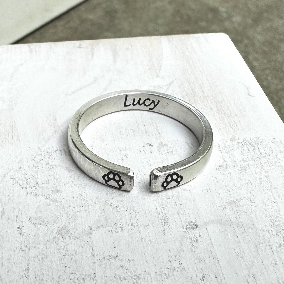 Dog Name Ring, Paw Prints, Adjustable Ring, Pet Name Rings, Dog Name ...
