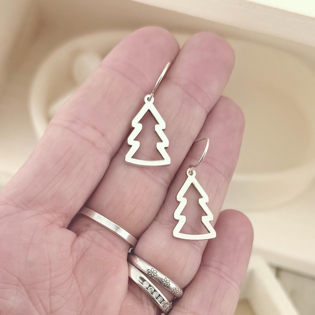 Christmas Tree Earrings, Holiday Tree Cutout Earrings, Silver Christmas ...