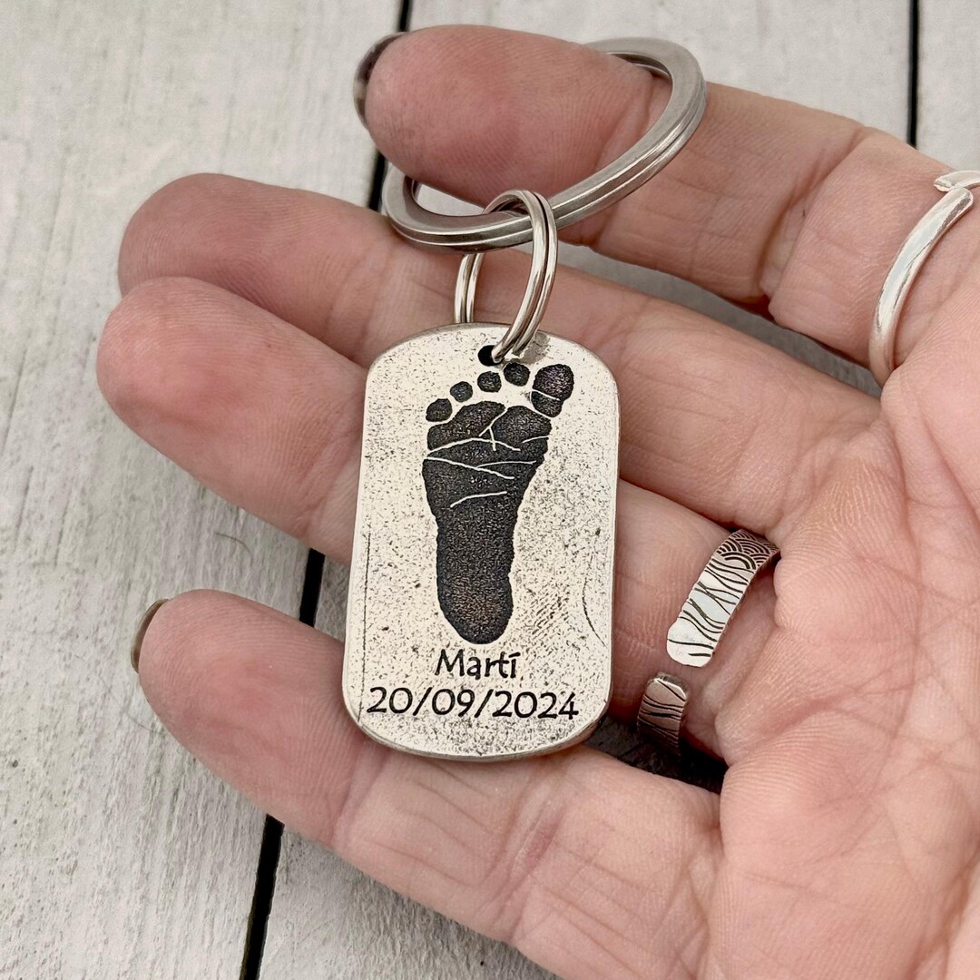 Father's Day Gift Footprint Keychain, Deeply Engraved Name & Birthdate ...