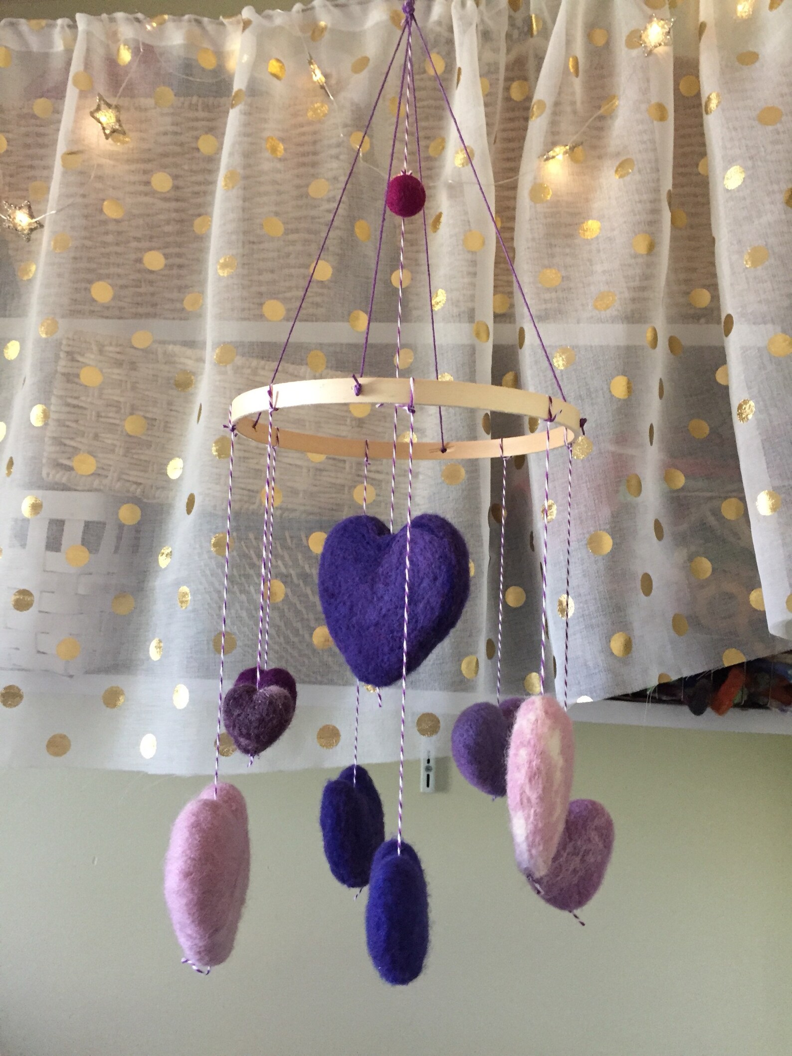 Valentine's Day mobile needle felted purple hearts | Etsy