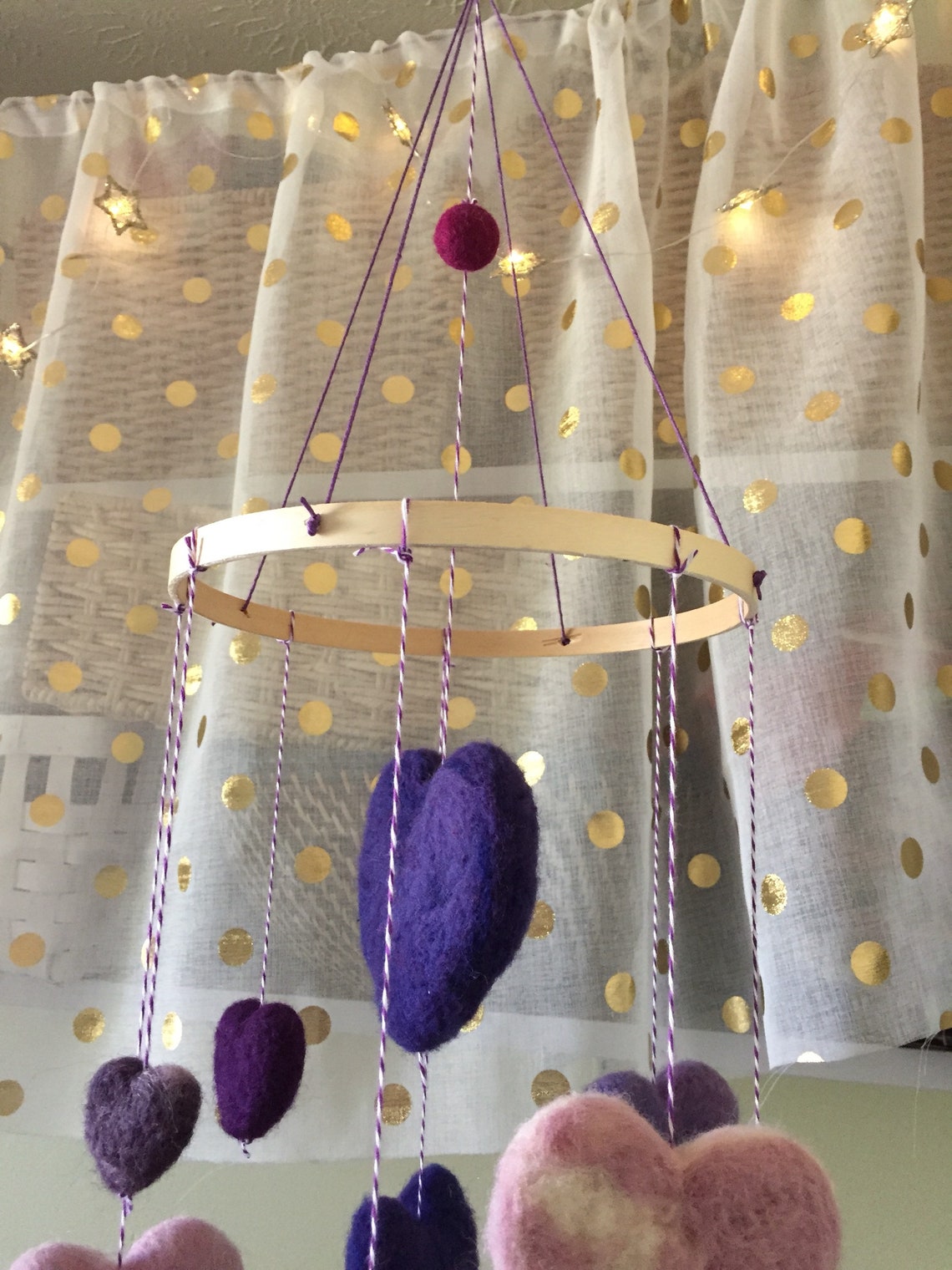 Valentine's Day mobile needle felted purple hearts | Etsy