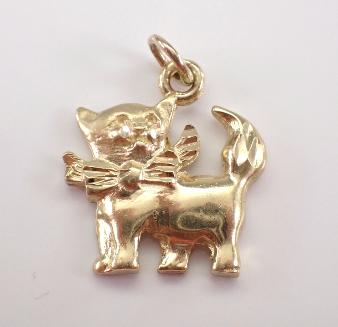 Vintage 14K Yellow Gold Cat Charm Pendant Adorable Kitten Jewelry Gift ...