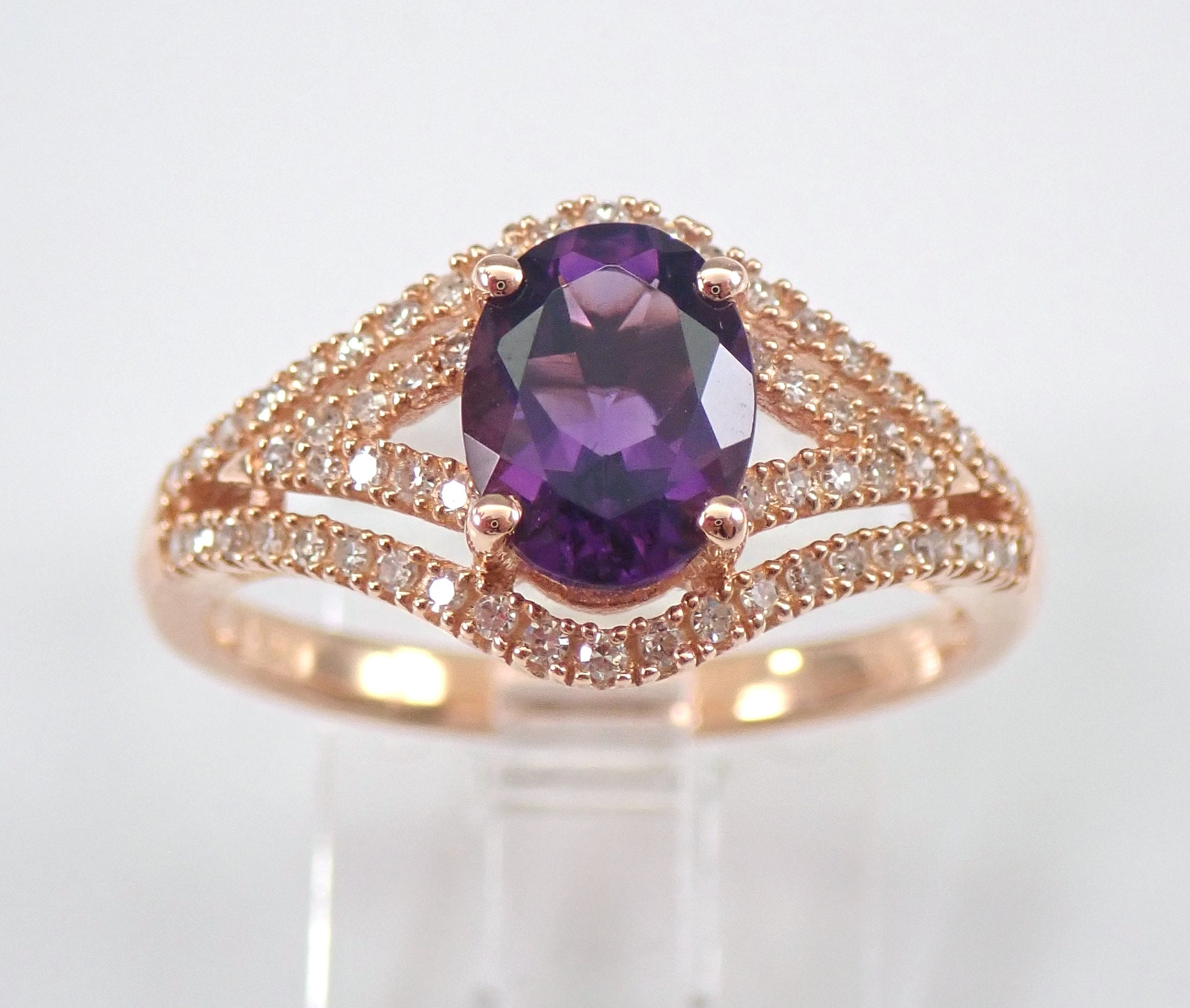 14K Rose Gold Diamond and Oval Purple Amethyst Engagement Ring Size 7. ...