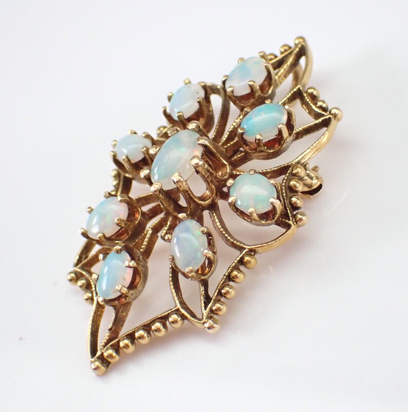 70s Vintage Opal Pendant Brooch - Antique 14K Solid Yellow Gold Dainty ...