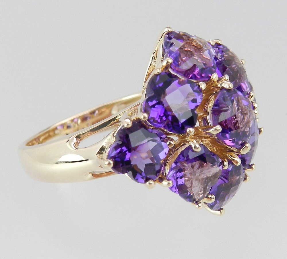 Amethyst Ring Statement Cluster Ring Purple 14K Yellow Gold Size 8 ...