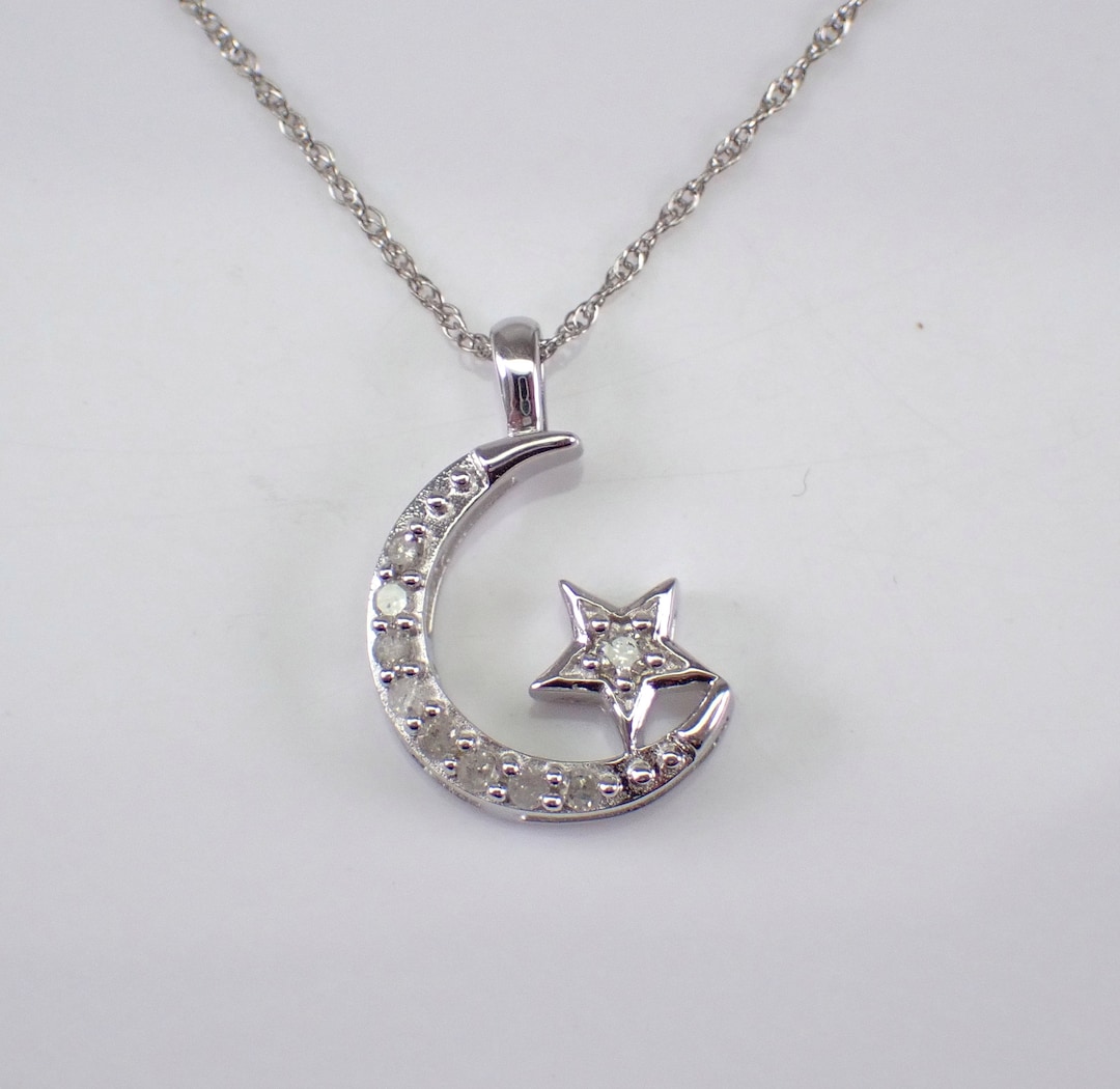 Diamond Crescent Moon and Star Charm Pendant - White Gold Celestial ...