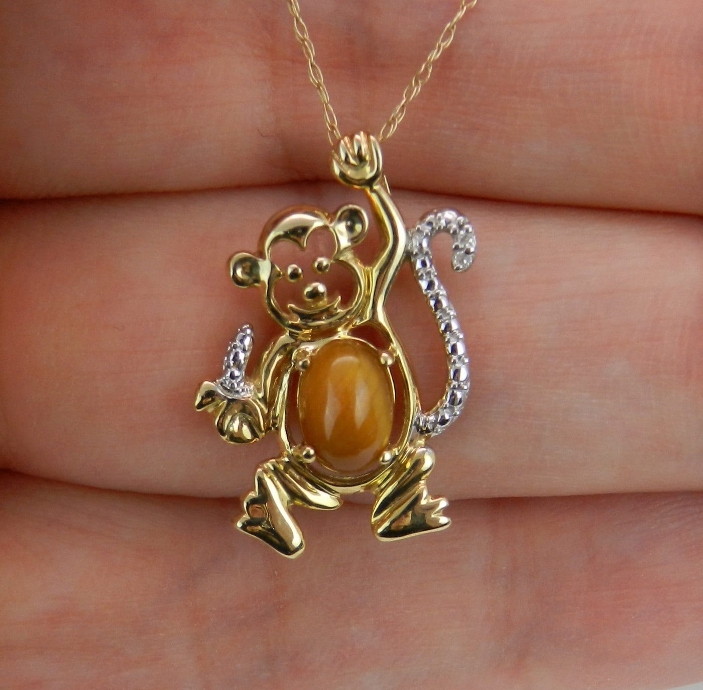 Diamond and Tiger Eye Monkey Drop Pendant Necklace 18 Chain Yellow Gold