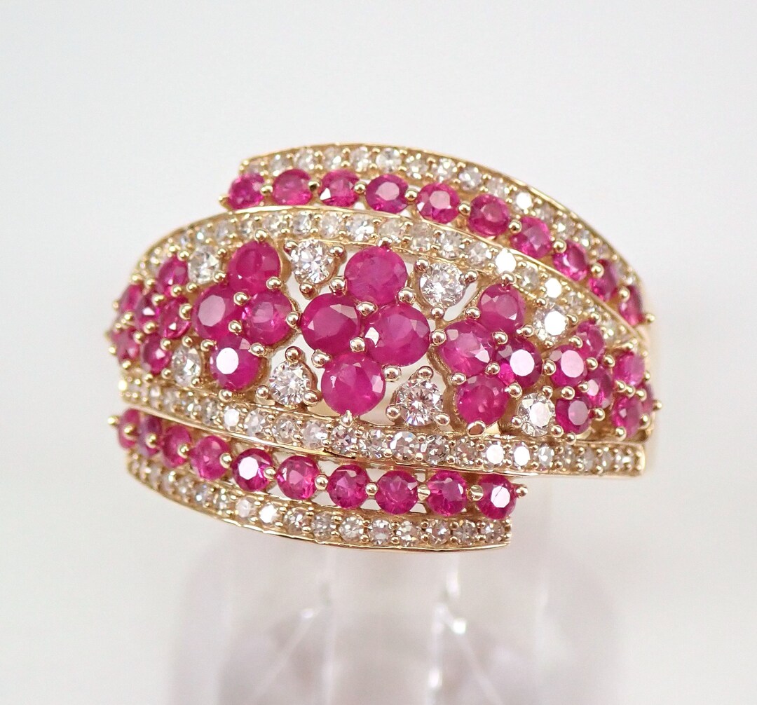 14K Yellow Gold Ruby and Diamond Ring, Wide Multi Row Anniversary Band ...