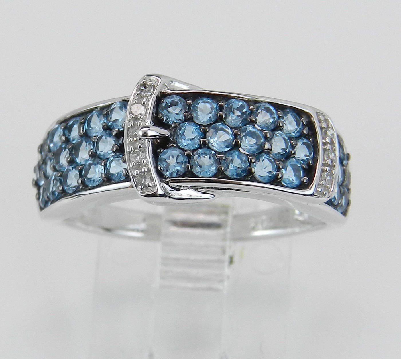 Diamond and Blue Topaz Ring, Belt Buckle Ring, White Gold Pave Set Ring ...
