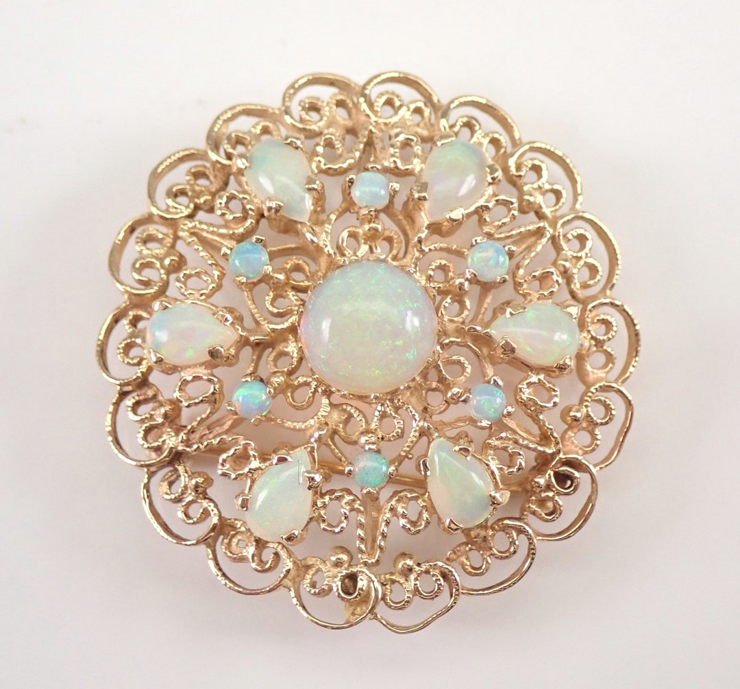 Vintage Opal Brooch In 14k Yellow Gold 70s Opal Cluster Pin Pendant