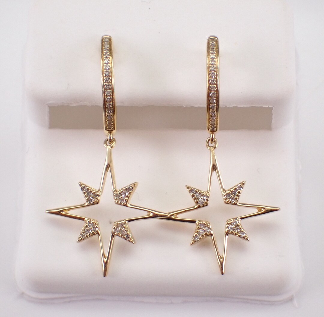 14K Yellow Gold Diamond Star Earrings - Unique Dangle Charm on Small ...