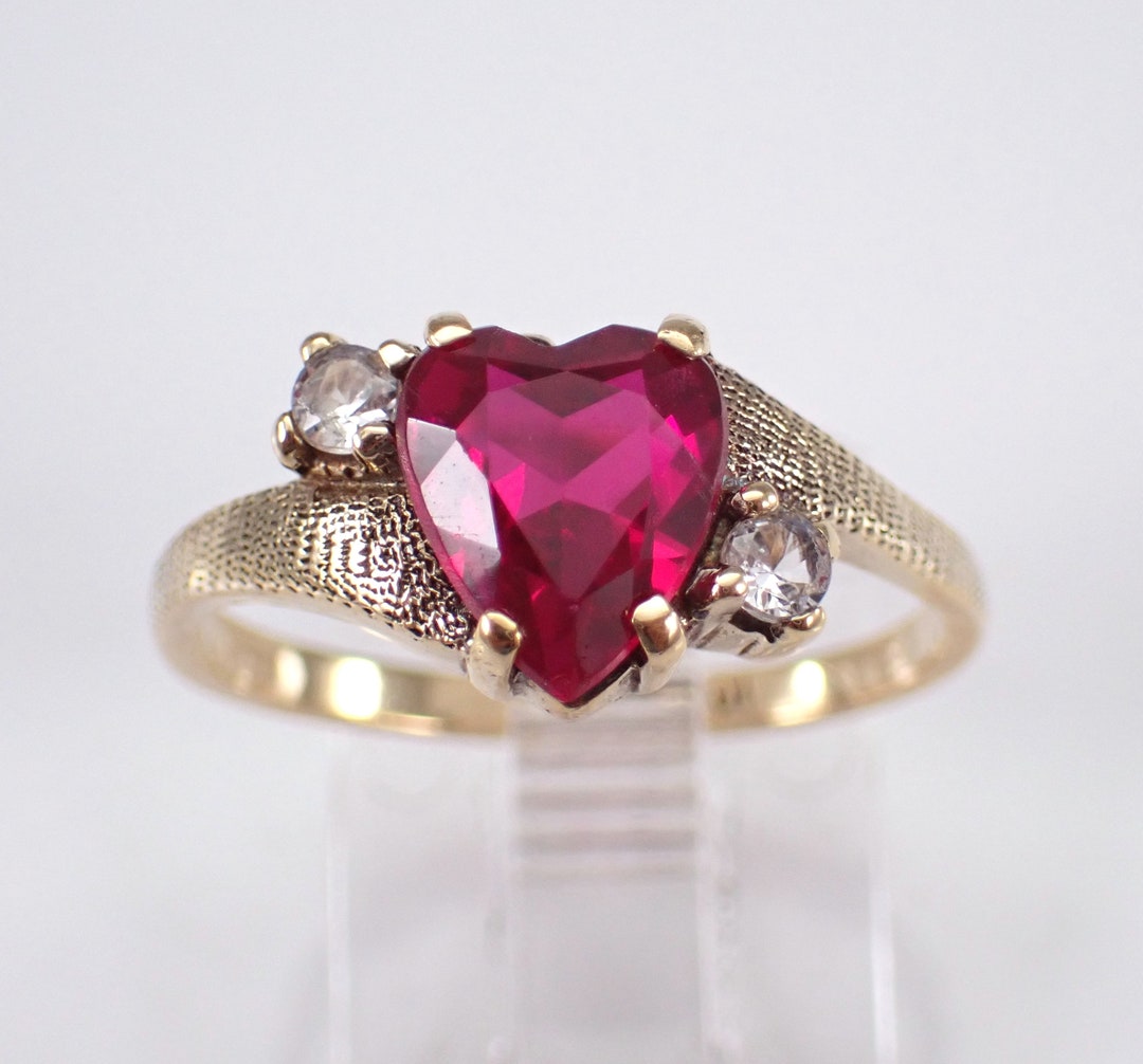 Vintage Ruby Heart Engagement Ring: Yellow Gold Estate White Topaz Band ...