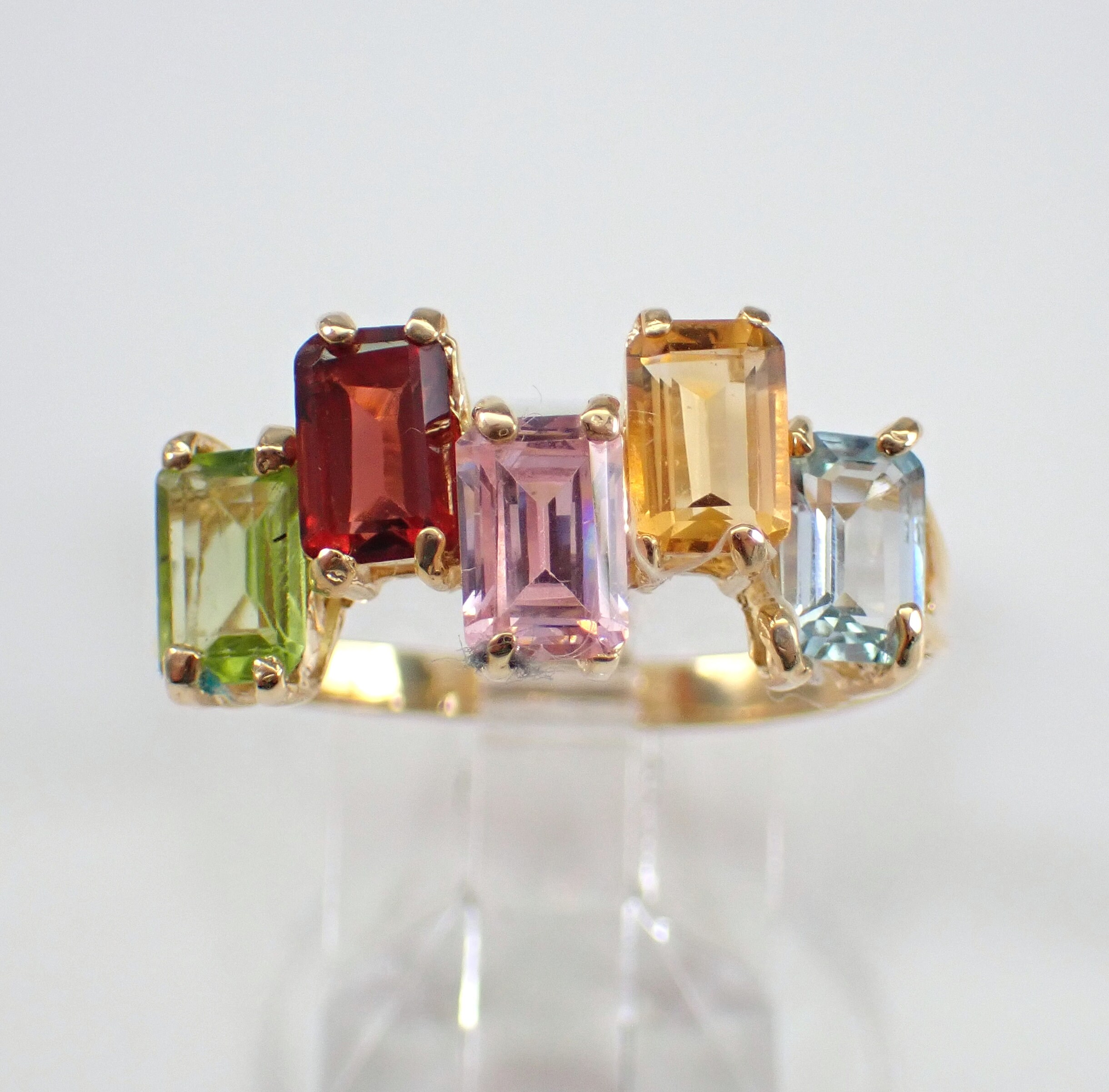 Genuine Multi Color Gemstone Wedding Ring - 14K Yellow Gold Emerald Cut ...