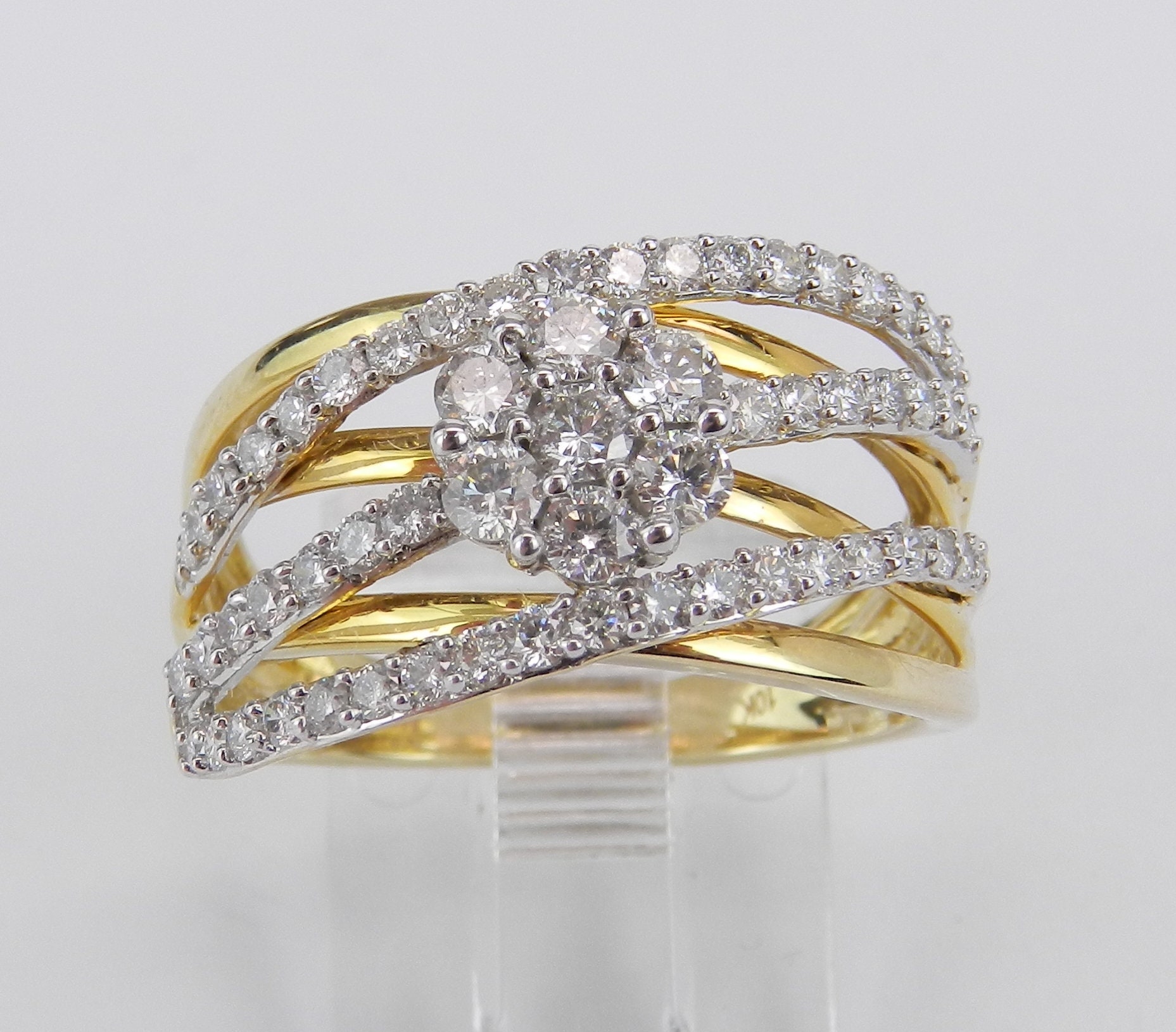 RESERVED Yellow Gold 1.00ct Diamond Cluster Ring Multi Row Anniversary ...